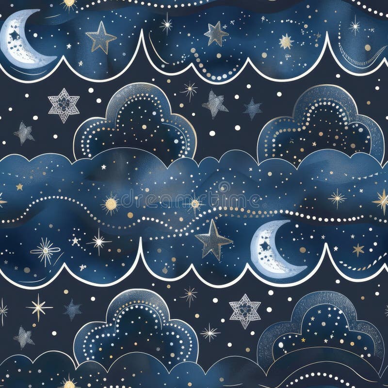 Enchanting Midnight Sky Illustration with Crescent Moons and Stars ...
