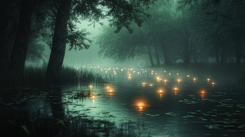 Enchanting Misty Forest River Scene with Glowing Lights Floating on ...