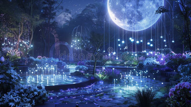 Enchanting Moonlit Fantasy Garden with Glowing Lights Stock Photo ...