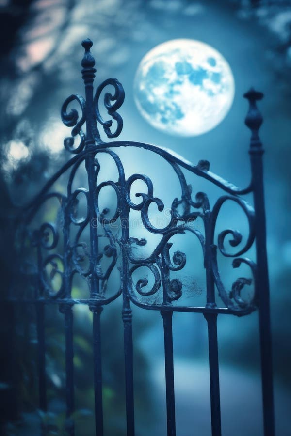 Enchanting Moonlit Gothic Gate in Mystical Night Garden. Stock Image ...
