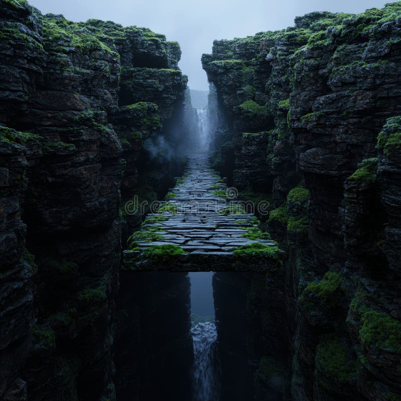 Enchanting Mossy Waterfall Pathway Stock Illustration - Illustration of ...