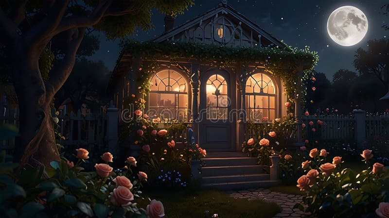Enchanting Night Garden Home with Full Moon Stock Illustration ...