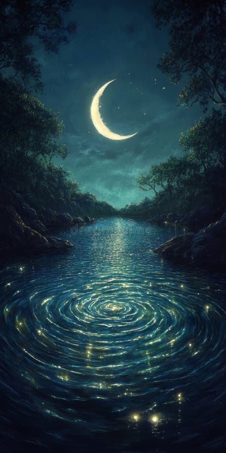 Enchanting Night Landscape with Crescent Moon and Sparkling River ...