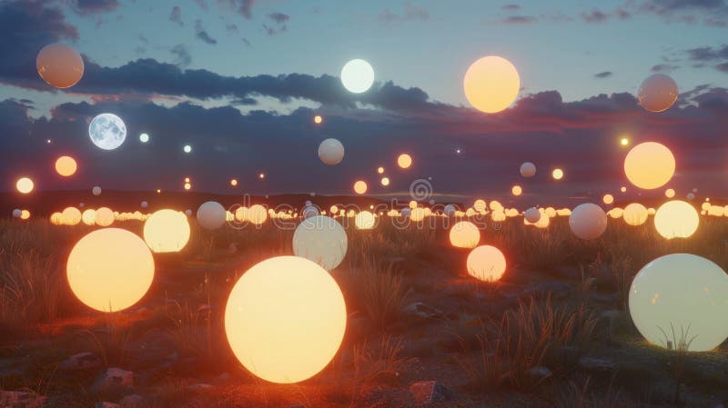 Enchanting Night Landscape with Glowing Orbs and Full Moon Stock Photo - Image of glow, mystical ...
