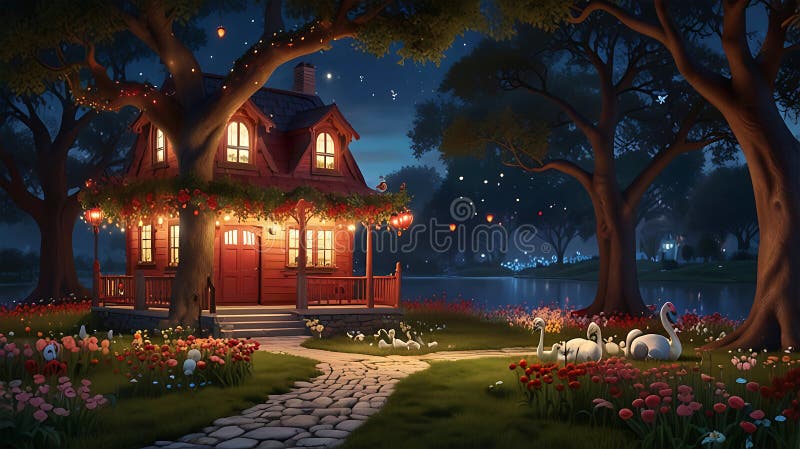 Enchanting Night Scene with a Charming House and Swans Stock ...