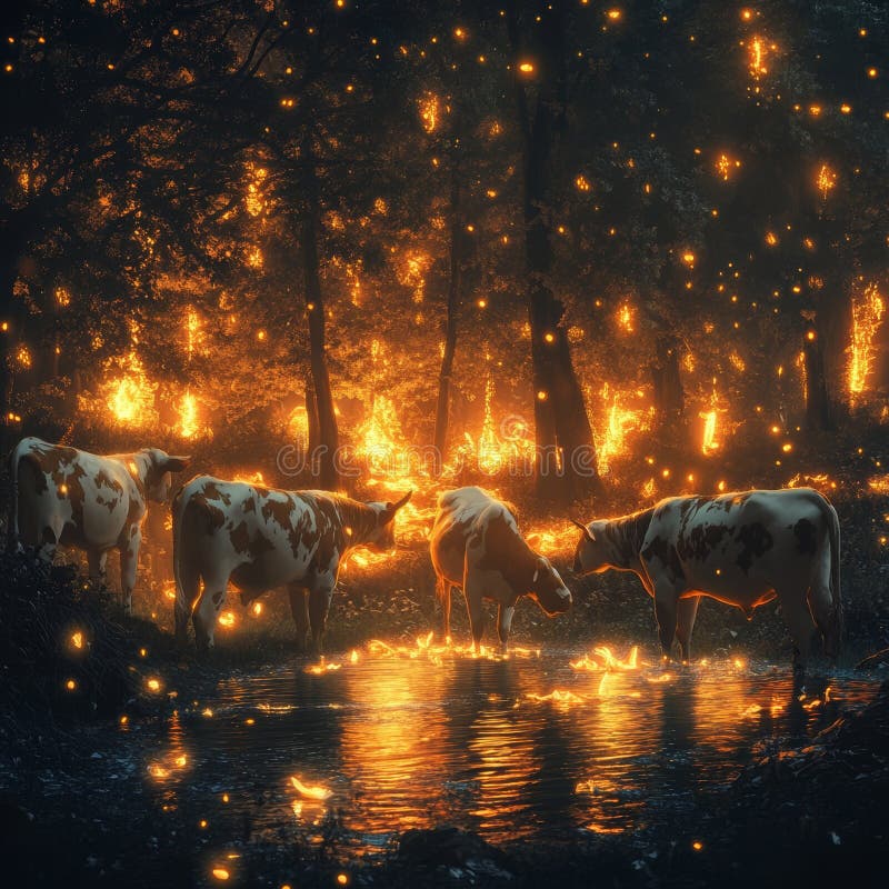 Enchanting Night Scene with Cows by a Glowing Forest Stream Stock ...