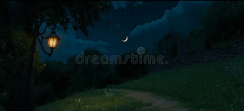 Enchanting Night Scene Crescent Moon Lit Path Stone Wall and Glowing ...