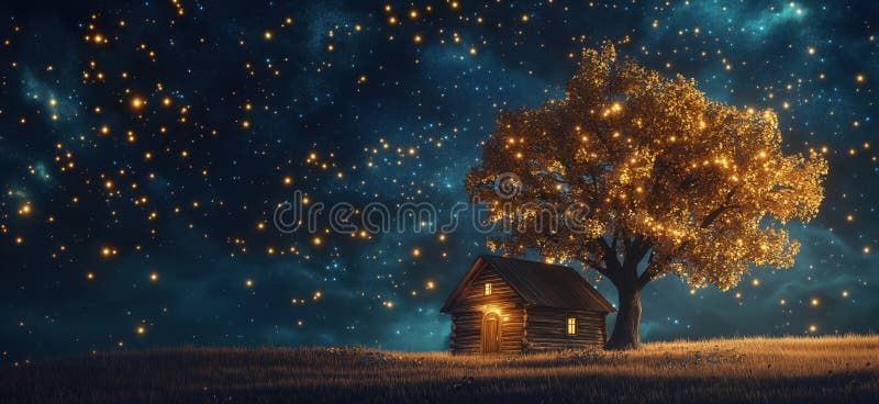 Enchanting Night Scene with Glowing Tree and Cozy Cabin Under Starry ...