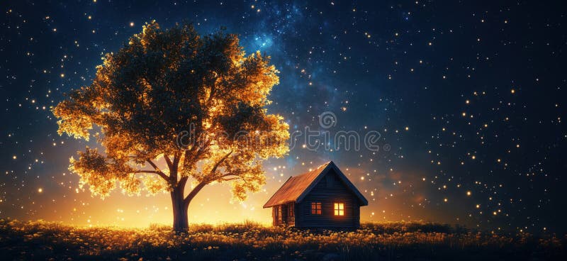Enchanting Night Scene with Glowing Tree and Cozy House Under Starry ...