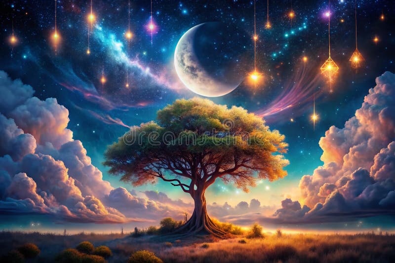Enchanting Night Scene a Glowing Tree Mystical Creatures and Floating ...