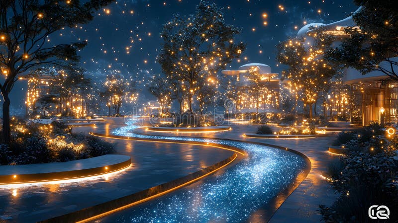 Enchanting Night Scene Illuminated Park with Glowing Pathways and Trees ...