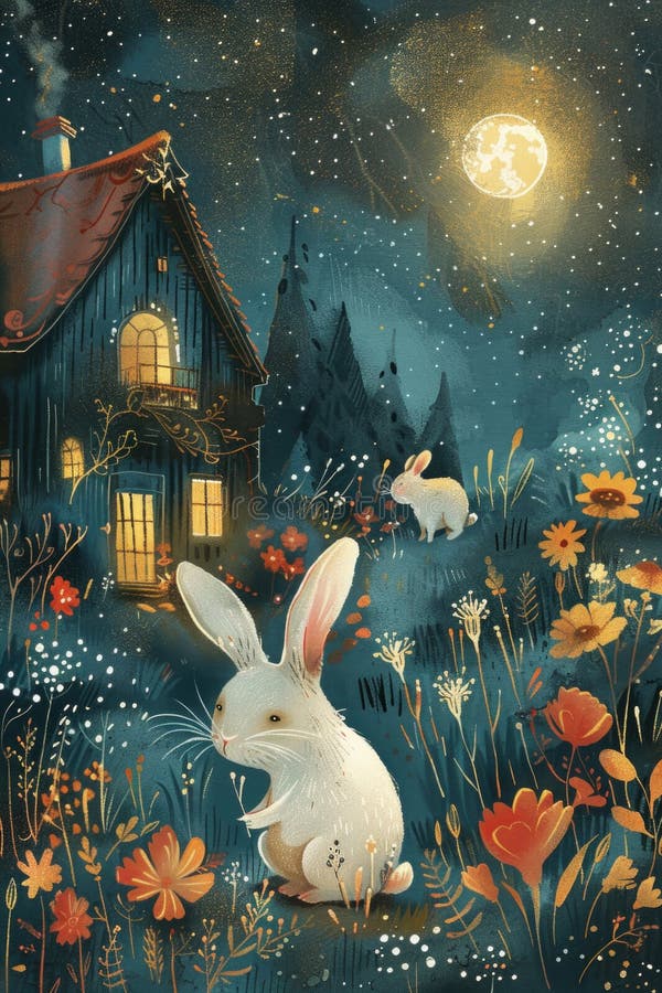 Enchanting Night Scene of Rabbits and Cozy Cottage Under Moonlight ...