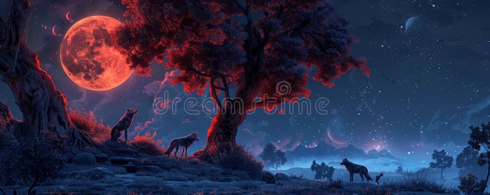 An Enchanting Night Scene with a Wolf Pack Gathered Under the Blood ...
