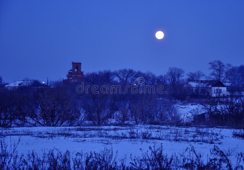 An Enchanting Night Scenery with Full Moon in the Early Spring Outdoors ...