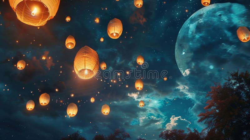 Enchanting Night Sky with Glowing Paper Lanterns Stock Photo - Image of ...