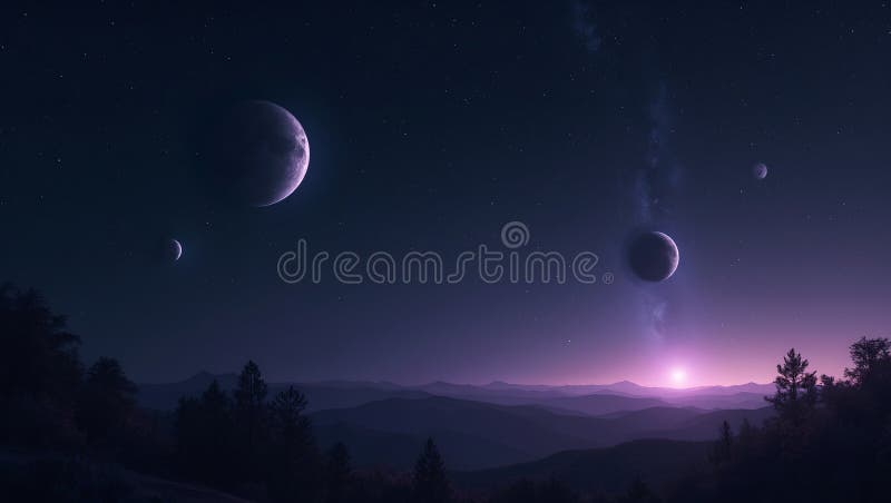 Enchanting Night Sky with Planets Stars and Two Moons in Purple Glow ...