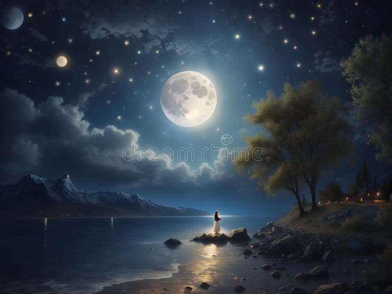 Enchanting Night Sky: a Romantic Moonlit Escape Stock Illustration ...