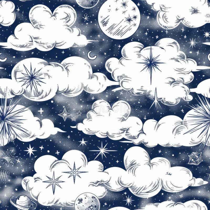 Enchanting Night Sky with Stars and Clouds Pattern Stock Photo - Image ...