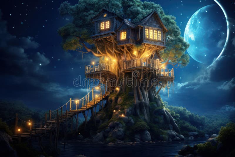 Enchanting Night Tree House. Fantasy Forest Stock Illustration ...