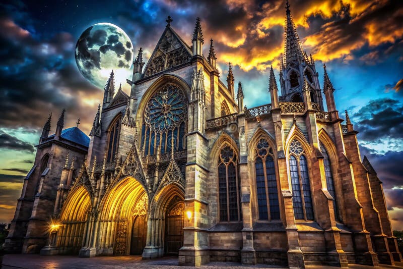 Enchanting Nightfall at a Gothic Cathedral Stone Facades Illuminated ...