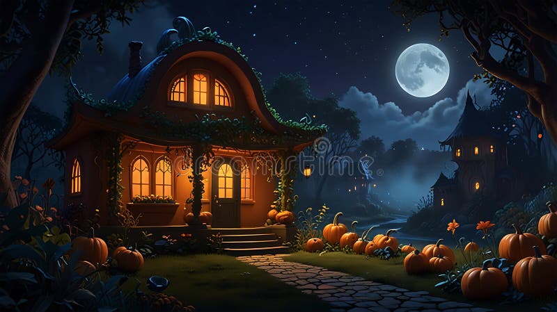 Enchanting Nightfall Village with Cozy Cottage Stock Illustration ...