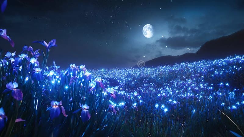 Enchanting Nighttime Flower Field Under Moonlit Sky Stock Video - Video ...