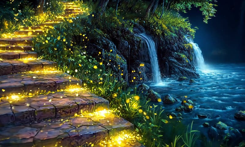 Enchanting Nighttime Pathway with Waterfall Stock Footage - Video of ...