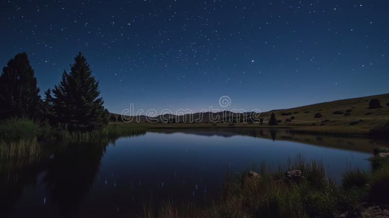Enchanting Nighttime View of a Calm Lake Under the Stars with Moonlight ...