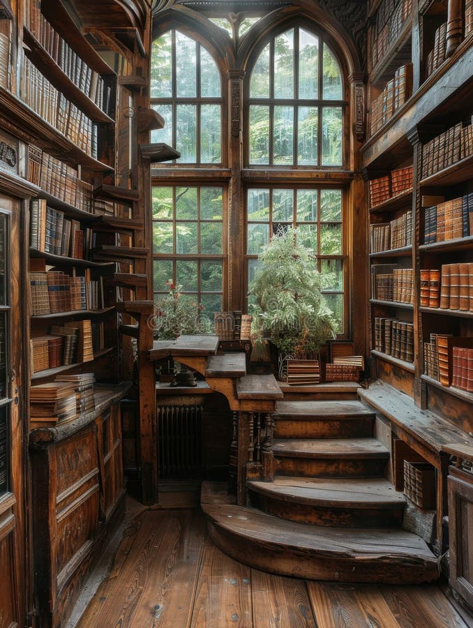 An Enchanting Old Library with Towering Stacks of Books and a Spiral ... An Enchanting Old Library with Towering Stacks of Books and a Spiral ...