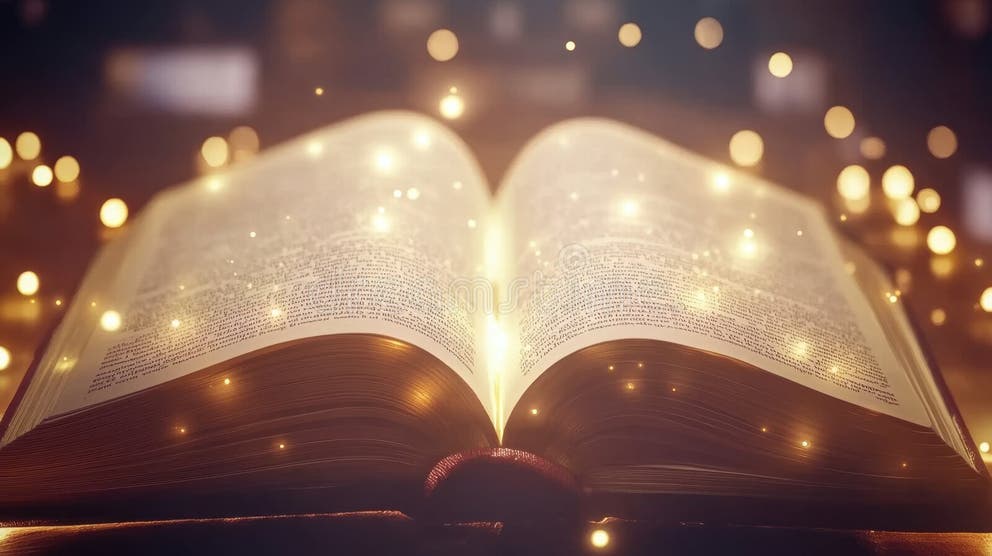 Enchanting Open Book with Magical Glowing Lights Stock Image - Image of ...