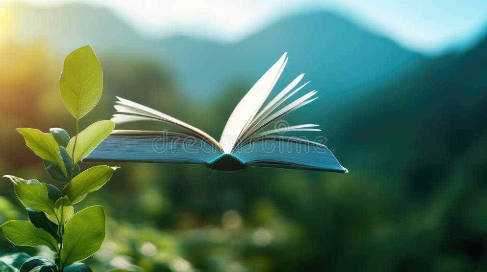 Enchanting Open Book in Nature with Mountain Backdrop and Sunlight ...