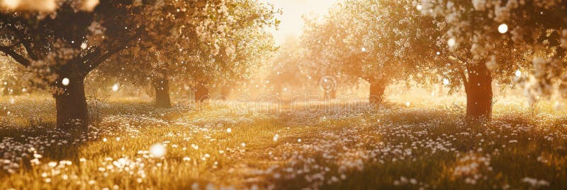 Enchanting Orchard Path with Blossoming Trees in Warm Sunlight and ...