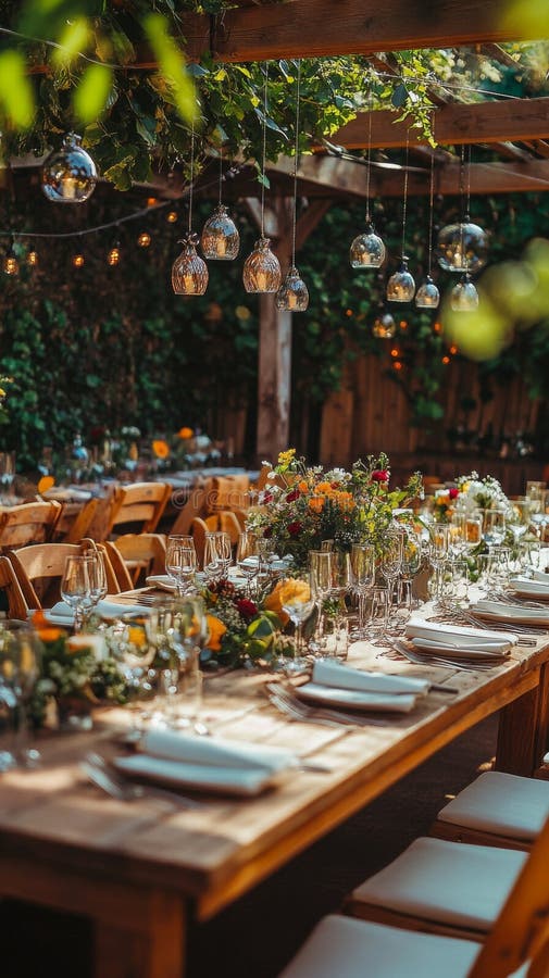 An Enchanting Outdoor Dining Setup Under a Rustic Pergola. Surrounded ...