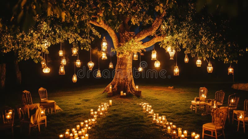 Enchanting Outdoor Scene with Lanterns Hanging from a Tree Stock ...