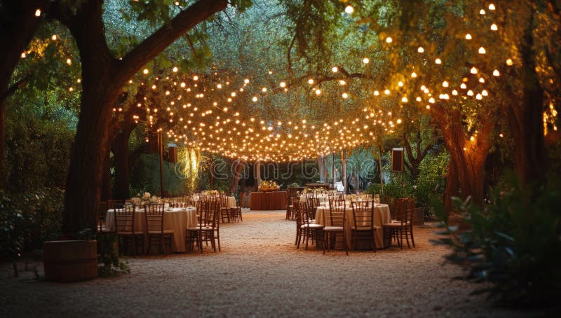 Enchanting Outdoor Wedding Under String Lights in Forest Setting Stock ...
