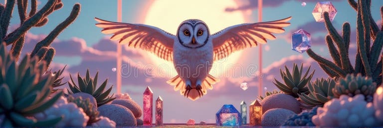 Enchanting Owl in Mystical Desert with Crystals at Sunset Stock Photo ...