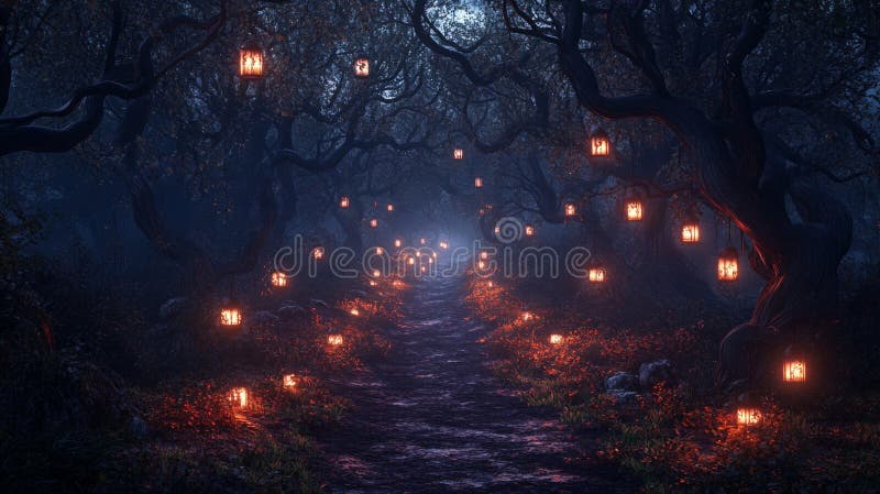 Enchanting Path through a Dark Forest Illuminated by Lanterns Stock ...