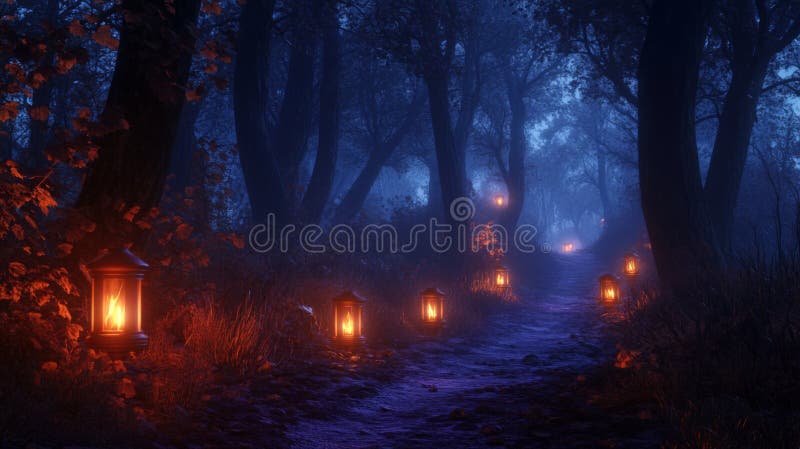 Enchanting Path Lit by Lanterns through a Foggy Forest at Night Stock ...
