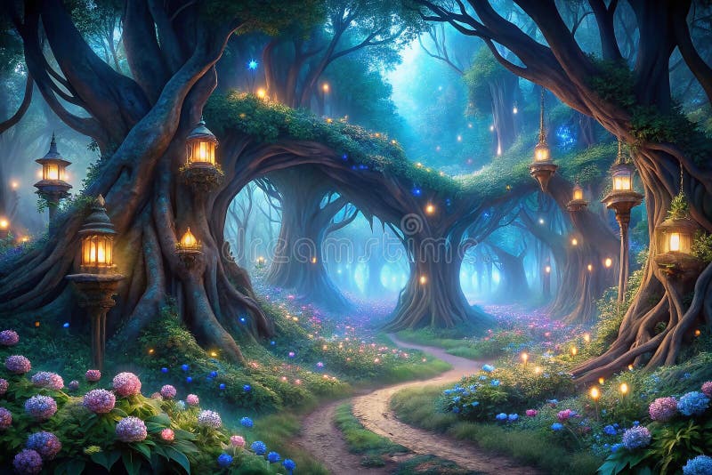 Enchanting Path through Magical, Glowing Forest at Dusk Stock ...