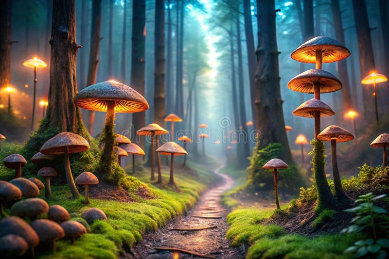 Enchanting Path through a Mystical Forest with Glowing Mushrooms Stock ...