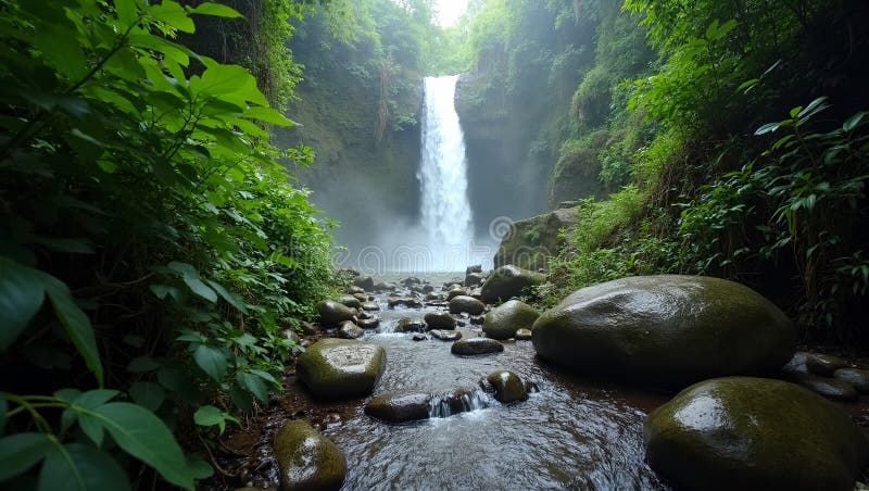Enchanting Path To Secluded Waterfall through Misty Green Forest Stock ...