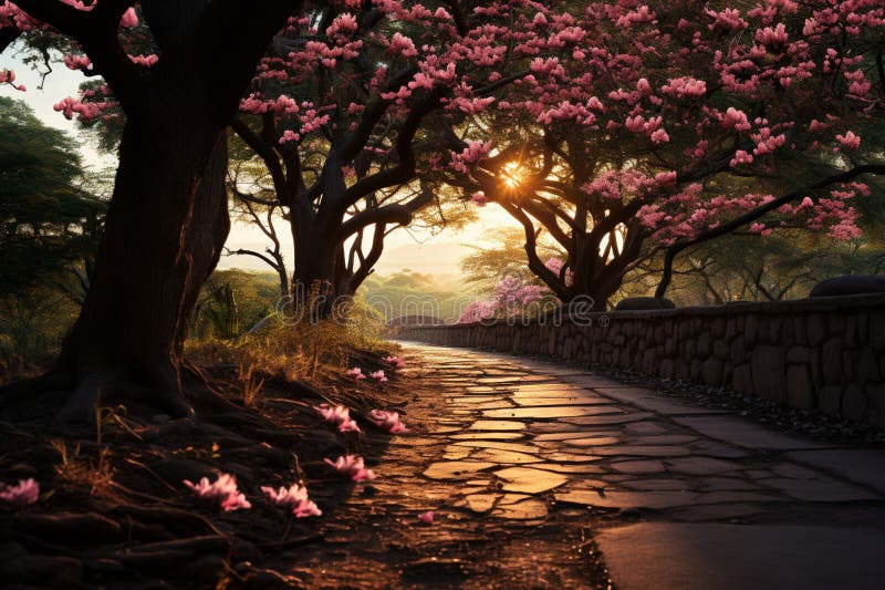 Enchanting Pathway Adorned with a Symphony of Tree-lined Beauty Stock ...