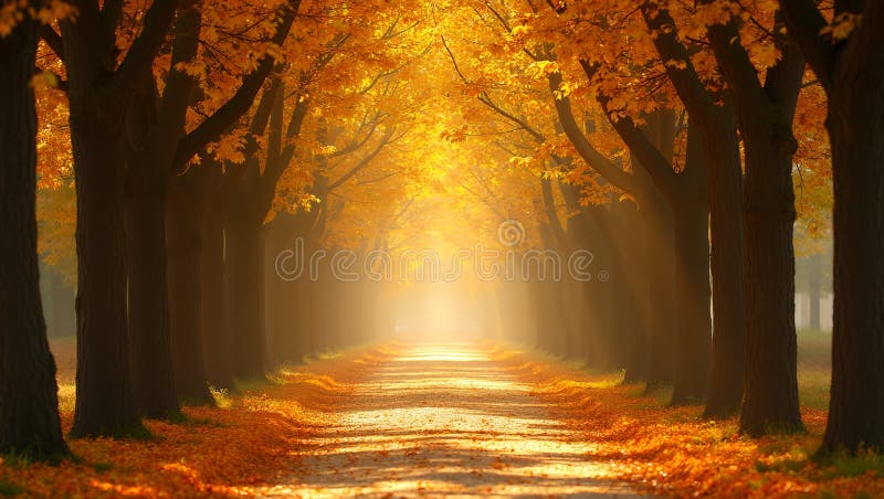 Enchanting Pathway with Golden Leaf Trees Sunlight Streaming through ...