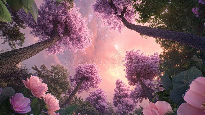 Enchanting Pink Blossoms Against a Starry Sunset Sky Stock Illustration ...