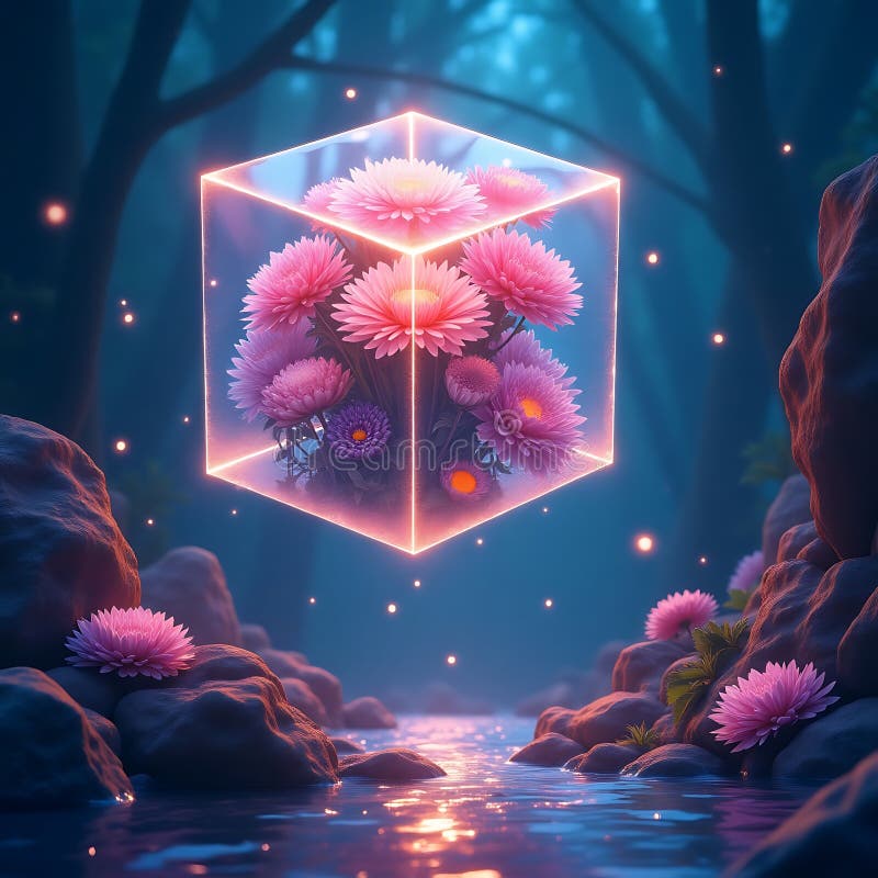 Enchanting Pink Flowers Float in Glowing Cube within a Forest Stock ...