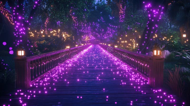 Enchanting Pink Light Pathway through Magical Forest at Night Stock ...
