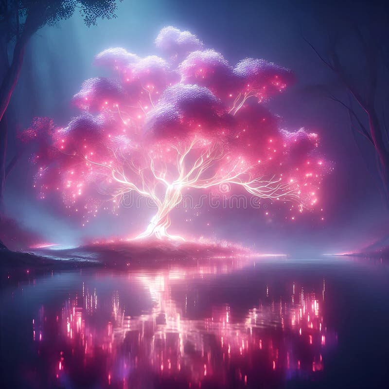 Enchanting Pink Tree with Glowing Aura in a Mystical Setting. Stock ...