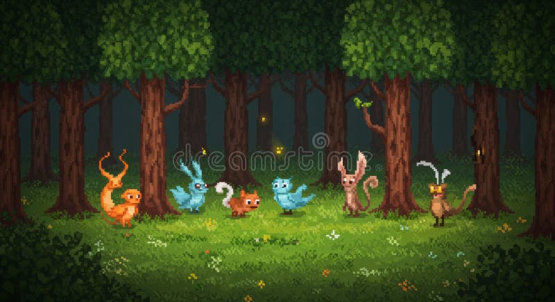 Enchanting Pixel Art Forest with Cute Magical Creatures in Vibrant ...