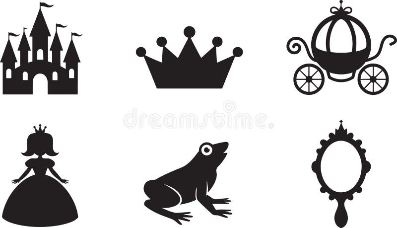 Enchanting Princess Elements Vector Set Castle Crown Carriage Princess Frog Mirror Silhouette ...