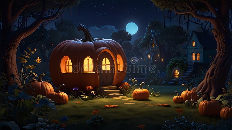 Enchanting Pumpkin House at Night in a Magical Forest Stock ...